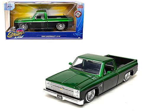 1985 Chevy C10 Pickup Truck Lowrider Green Metallic and Black Street Low Series 1/24 Diecast Model Car by Jada 34311