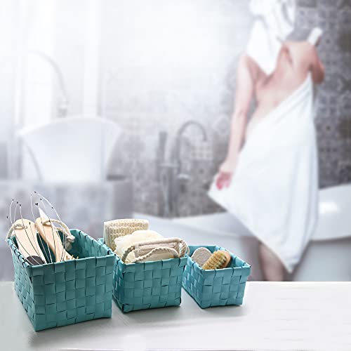 EVIDECO 8400147 Checkered Woven Strap Storage Baskets Totes Set of 3 Turquoise Blue, 7.8 L x 5.3 W x 4.2 H