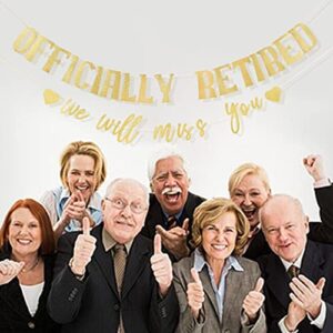 YESSWL Officially Retired Banner - Gold Glitter Men's Ladies Happy Retirement Party Decoration, We Will Miss You Decorations, Going Away Party Decorations, Retirement Banner Photo Booth Props