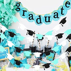 Graduation Decorations Turquoise Black 2023/4pcs Graduation Hat Banner Garlands Teal White Black for Class of 2023 Graduation Party Supplies Teal Grad