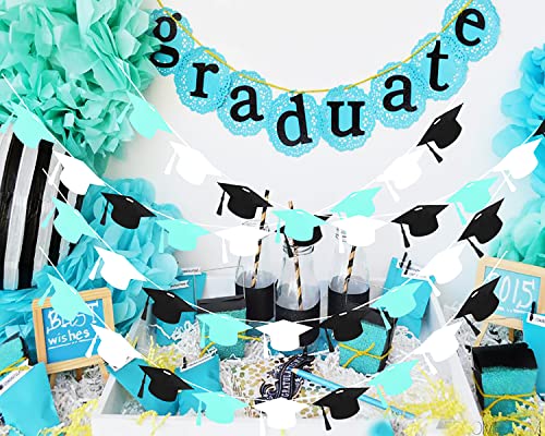 Graduation Decorations Turquoise Black 2023/4pcs Graduation Hat Banner Garlands Teal White Black for Class of 2023 Graduation Party Supplies Teal Grad