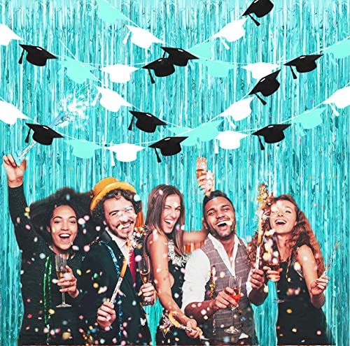 Graduation Decorations Turquoise Black 2023/4pcs Graduation Hat Banner Garlands Teal White Black for Class of 2023 Graduation Party Supplies Teal Grad