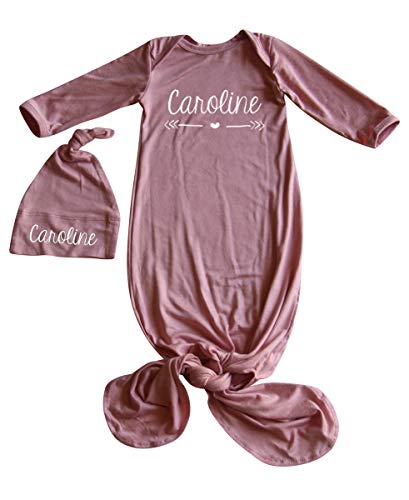 Silky Knotted Baby Gown with Personalized Matching Silky Knotted Hat, Unisex, Boys, & Girls, Infant Sleeper-Personalized with Name-Heart and Arrow (0-3 months, Silky Dusty Rose)