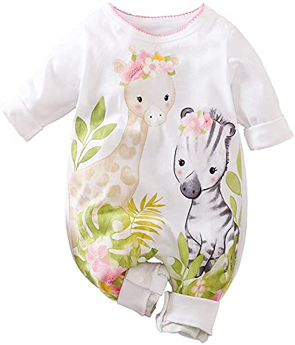 Aoswep - Cute Giraffe + Zebra With Floral Print Long Sleeve Baby Girl Clothes White Jumpsuit For Baby One-Piece Romper (0-3 Months)