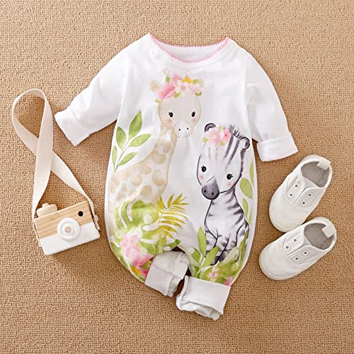 Aoswep - Cute Giraffe + Zebra With Floral Print Long Sleeve Baby Girl Clothes White Jumpsuit For Baby One-Piece Romper (0-3 Months)