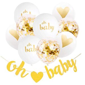 coolerthingsdg baby shower decorations neutral decor strung banner & 9pc balloons w/ribbon [gold, confetti, white] kit set | hang on wall | glitter unisex pregnancy announcement gender reveal party