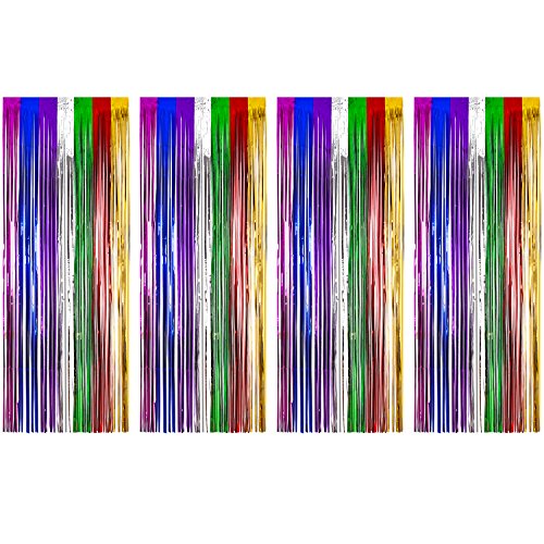 Sumind 4 Pack Foil Curtains Metallic Fringe Curtains Shimmer Curtain for Birthday Wedding Party Christmas Decorations (Rainbow)