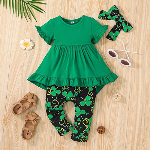 Krogubis Toddler Baby Girl St. Patric.k's Day Outfit 3Pcs Long Sleeve Ruffle T-Shirt Tops Blouse Pants Hairband Pants Set (Green, 6-9 Months)