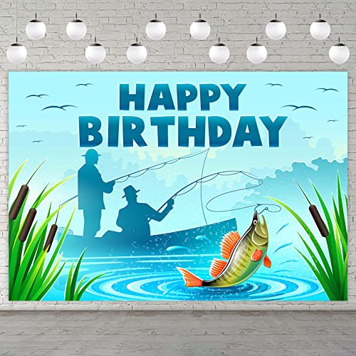 Gone Fishing Happy Birthday Banner Backdrop Fish Fisher Fisherman Theme Decor Decorations for 1st Birthday Party Baby Shower Retirement Party Fishing Party Supplies Favors Background