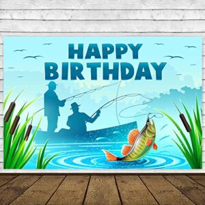 Gone Fishing Happy Birthday Banner Backdrop Fish Fisher Fisherman Theme Decor Decorations for 1st Birthday Party Baby Shower Retirement Party Fishing Party Supplies Favors Background