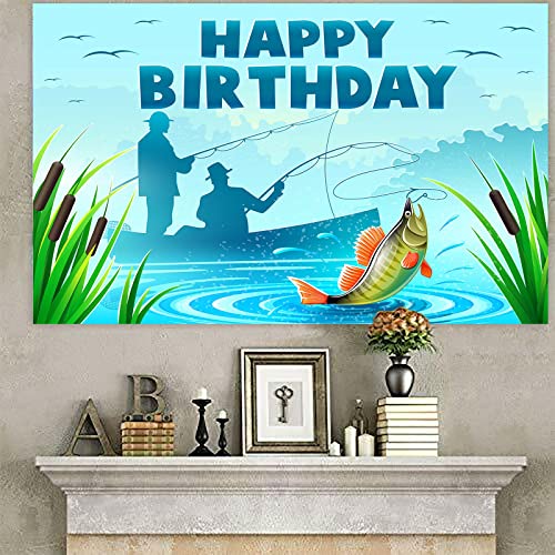 Gone Fishing Happy Birthday Banner Backdrop Fish Fisher Fisherman Theme Decor Decorations for 1st Birthday Party Baby Shower Retirement Party Fishing Party Supplies Favors Background