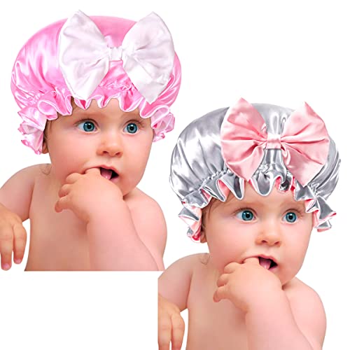 DANMY Kids Satin Bonnet Sleep Cap for Baby Infant Toddler Little Girls, Curly Hair Adjustable Silk Satin Cap for Children（Gray/Dark pink-2pcs）