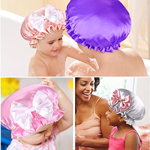 DANMY Kids Satin Bonnet Sleep Cap for Baby Infant Toddler Little Girls, Curly Hair Adjustable Silk Satin Cap for Children（Gray/Dark pink-2pcs）