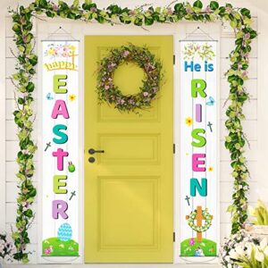 happy easter porch sign he is risen party banner welcome easter courtyard holiday decoration indoor outdoor front door spring floral hanging flag