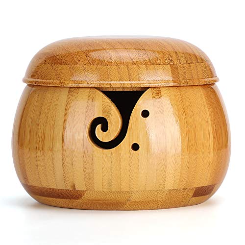 Yarn Storage Bowl, Wooden Portable Yarn Bowl Holder for Knitting Crochet Hook Accessories, Wood Crafted Yarn Storage Organizer Holder with Lid, Beautiful Gifts for Moms and Grandmothers