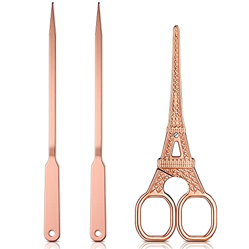 3 Pieces Scissors and Letter Opener Set Include 2 Pieces Metal Envelope Opener Slitter and 1 Pieces Eiffel Tower Embroidery Scissors Craft Scissors for Office Home School Supplies (Rose Gold)