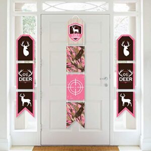 big dot of happiness pink gone hunting – hanging vertical paper door banners – deer hunting girl camo baby shower or birthday party wall decoration kit – indoor door decor