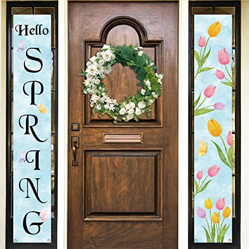 Nepnuser Hello Spring Porch Banner Spring Tulips Flower Front Door Window Wall Indoor Outdoor Decoration Photo Booth Backdrop