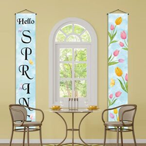 Nepnuser Hello Spring Porch Banner Spring Tulips Flower Front Door Window Wall Indoor Outdoor Decoration Photo Booth Backdrop