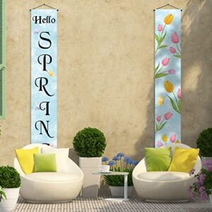 Nepnuser Hello Spring Porch Banner Spring Tulips Flower Front Door Window Wall Indoor Outdoor Decoration Photo Booth Backdrop