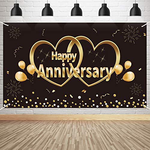 Kauayurk Happy Anniversary Banner Backdrop Decorations, Extra Large Wedding Anniversary Party Poster Supplies, Black Gold Anniversary Decor Photo Booth for Outdoor Indoor(6X3.6ft)