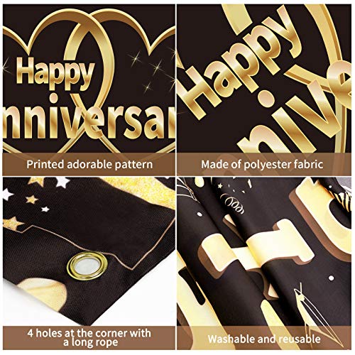 Kauayurk Happy Anniversary Banner Backdrop Decorations, Extra Large Wedding Anniversary Party Poster Supplies, Black Gold Anniversary Decor Photo Booth for Outdoor Indoor(6X3.6ft)