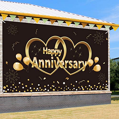 Kauayurk Happy Anniversary Banner Backdrop Decorations, Extra Large Wedding Anniversary Party Poster Supplies, Black Gold Anniversary Decor Photo Booth for Outdoor Indoor(6X3.6ft)