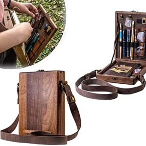 Writers Messenger Wood Box, Artist Tool and Brush Storage Box, Multifunctional Walnut Wooden Bag, Portable Wooden Handmade Craft Crossbody Postman Bag, Wood Craft Boxes for Writers or Painter (B)