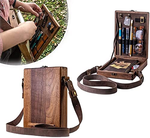 Writers Messenger Wood Box, Artist Tool and Brush Storage Box, Multifunctional Walnut Wooden Bag, Portable Wooden Handmade Craft Crossbody Postman Bag, Wood Craft Boxes for Writers or Painter (B)