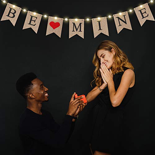 Be Mine Burlap Banner Lighted Valentine's Day Linen Banner Be Mine Linen Garland Valentine's Day Photo Props Proposal Sign Decorations and Warm White Copper Wire Lights with 8 Flashing Patterns