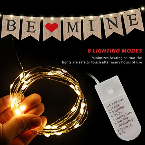 Be Mine Burlap Banner Lighted Valentine's Day Linen Banner Be Mine Linen Garland Valentine's Day Photo Props Proposal Sign Decorations and Warm White Copper Wire Lights with 8 Flashing Patterns