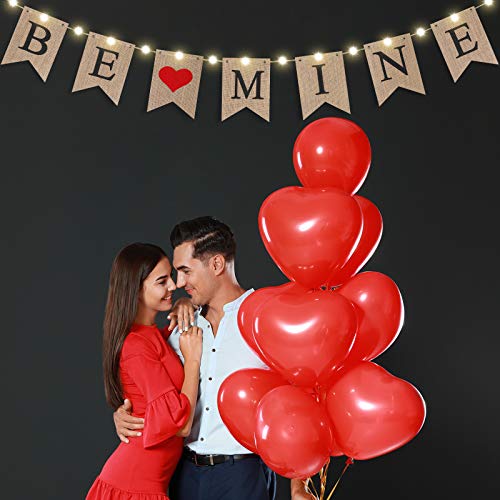 Be Mine Burlap Banner Lighted Valentine's Day Linen Banner Be Mine Linen Garland Valentine's Day Photo Props Proposal Sign Decorations and Warm White Copper Wire Lights with 8 Flashing Patterns