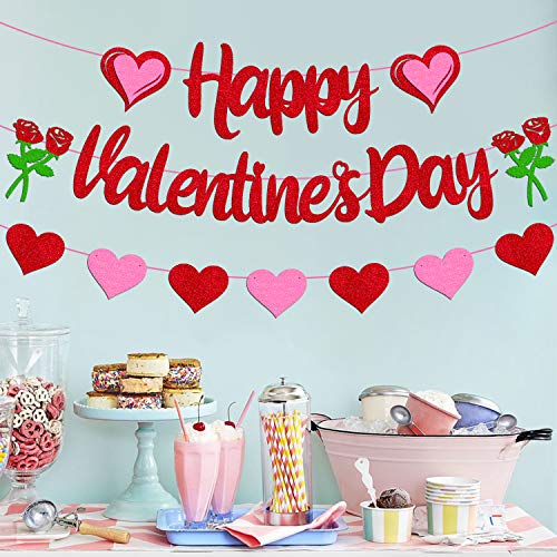 Happy Valentine’s Day Banner Romanic Red Heart Garland for Women Girls Valentine’s Day Themed Anniversary Wedding Engagement Bridal Shower Party Supplies Glitter Decorations