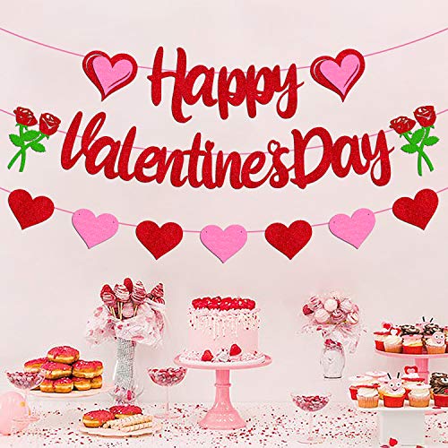 Happy Valentine’s Day Banner Romanic Red Heart Garland for Women Girls Valentine’s Day Themed Anniversary Wedding Engagement Bridal Shower Party Supplies Glitter Decorations