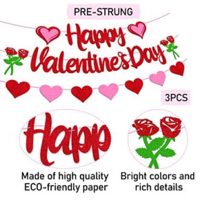 Happy Valentine’s Day Banner Romanic Red Heart Garland for Women Girls Valentine’s Day Themed Anniversary Wedding Engagement Bridal Shower Party Supplies Glitter Decorations