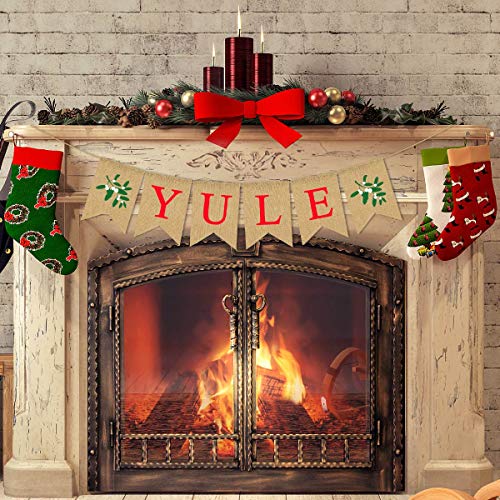 Rainlemon Burlap Yule Banner Pagan Christmas Mistletoe Rustic Winter Farmhouse Fireplace Mantle Decoration