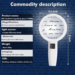 Magnifying Glass with Light, 30x Handheld Large Magnifying Glass, LED Illuminated Magnifier, Double Layer optial Glass Lens for Macular Degeneration, Seniors Reading Children Nature Exploring