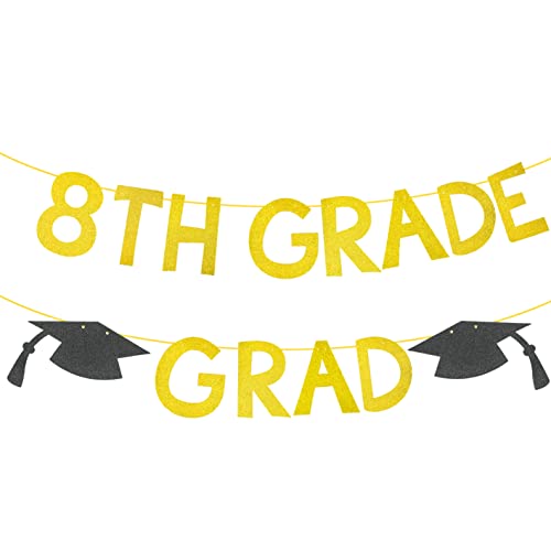 8th Grade Graduation Decorations 2022, Gold Glitter 8th Grade Grad Banner, Boy Girl Kids Eighth Grade Graduation Party Decorations Supplies