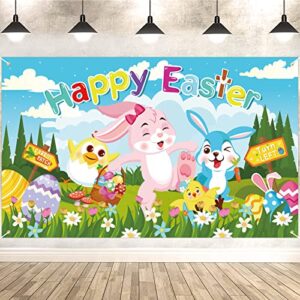 howaf large fabric easter party decorations, happy easter egg bunny hunt banner and chick sign easter hunt game banner poster for photo booth backdrop with rope for spring easter party supplies