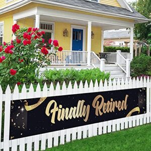 finally retired large banner, happy retirement yard sign lawn sign, gold and black retirement party outdoor indoor backdrop 9.8 x 1.6 feet