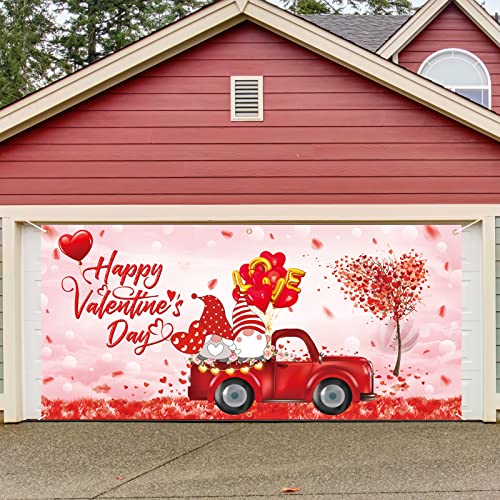 Vlipoeasn Happy Valentine Day Garage Door Cover 6x13ft Large Pink Sky Romantic Love Truck Gnome Valentine's Day Garage Door Banner for Couple Backdrop for Valentine's Day Party Supplies and Decor