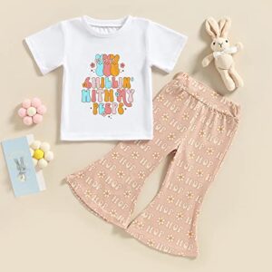 Toddler Baby Girl Easter Outfit Short Sleeve Bunny Rabbit Cotton T-Shirt Casual Floral Bell Bottoms Flare Pants (Khaki,6-12 Months)