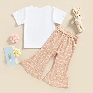 Toddler Baby Girl Easter Outfit Short Sleeve Bunny Rabbit Cotton T-Shirt Casual Floral Bell Bottoms Flare Pants (Khaki,6-12 Months)