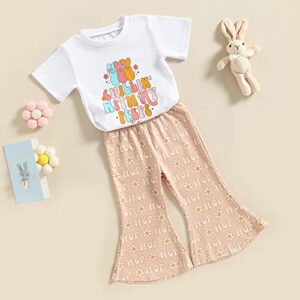 Toddler Baby Girl Easter Outfit Short Sleeve Bunny Rabbit Cotton T-Shirt Casual Floral Bell Bottoms Flare Pants (Khaki,6-12 Months)