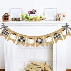 doumeny plaid pumpkin burlap banner buffalo check fall banner jute white pumpkins bunting garland autumn harvest bunting flag thanksgiving party banner for home wall mantel fireplace farmhouse decor