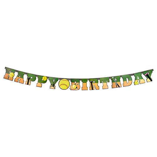 Softball Happy Birthday Banner (Large, 7" Cardboard Cutout letters, Softball Party decoration) Girl's Fastpitch Softball Extra Innings Collecion by Havercamp