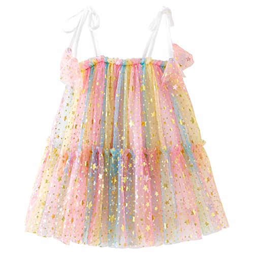 AGQT Toddler Girls Tutu Dress Sleeveless Kids Tulle Tutu Dress Birthday Party Babydoll Dresses Star-Yellow Rainbow Size 2-3T