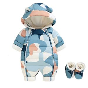 junneng baby toddler thicken fleece lined romper snowsuit with boots,winter cartoon snow wear jumpsuit outfit,green camo 3-6m