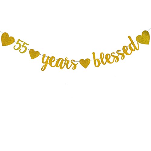 WEIANDBO 55 Years Blessed Gold Glitter Banner,Pre-Strung,55th Birthday / Wedding Anniversary Party Decorations Bunting Sign Backdrops,55 Years blessed