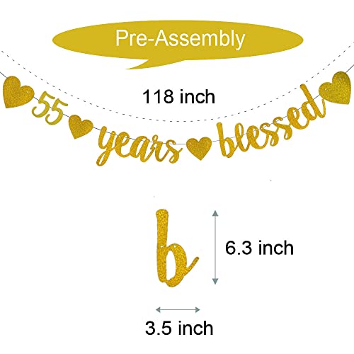 WEIANDBO 55 Years Blessed Gold Glitter Banner,Pre-Strung,55th Birthday / Wedding Anniversary Party Decorations Bunting Sign Backdrops,55 Years blessed